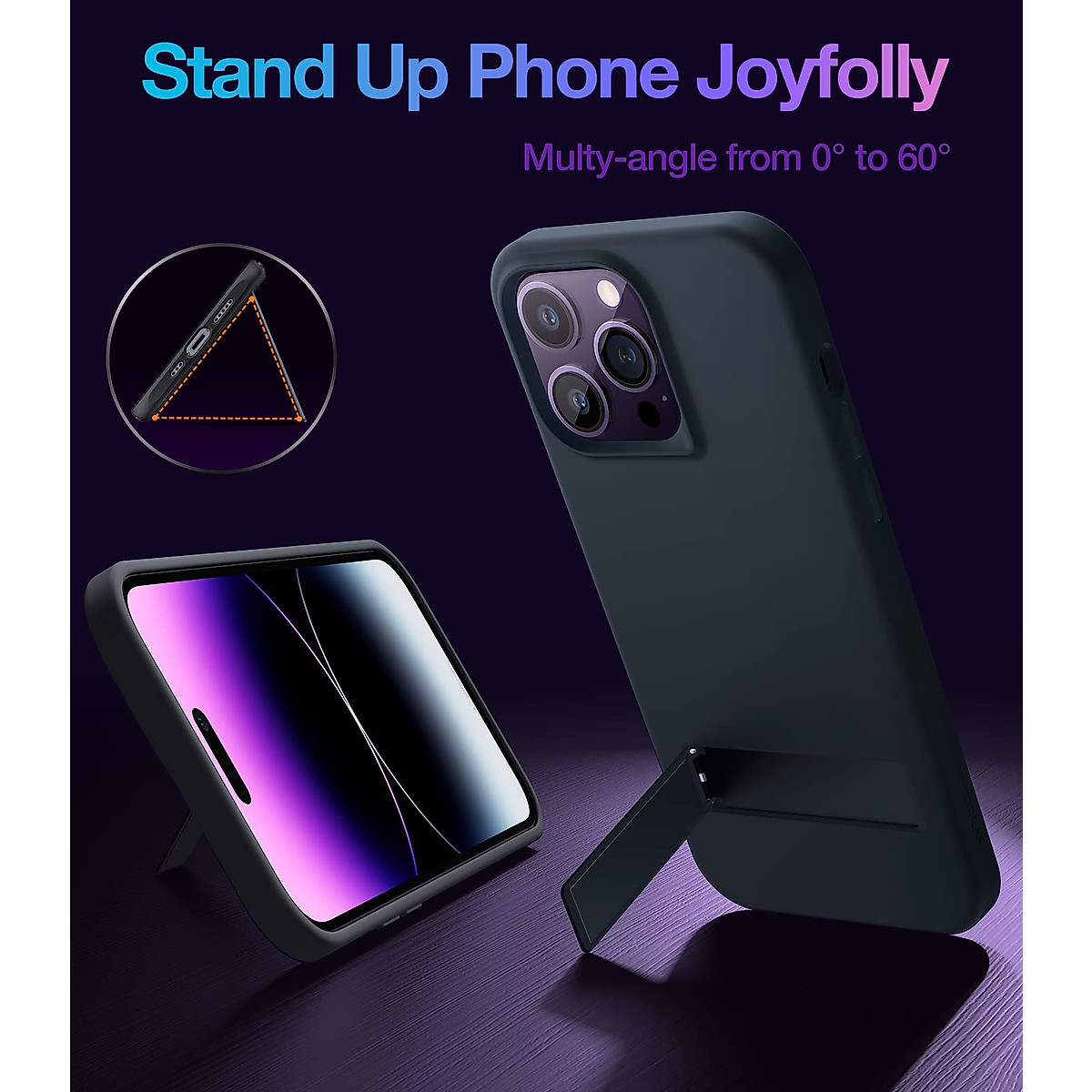 TORRAS Designed for iPhone 14 Pro Max Case with Stand, [10FT Military Grade Drop Protection] [3 Stand Ways Kickstand] Slim Soft-Touch Silicone Anti-Scratch for iPhone 14 Pro Max Phone Case, Black