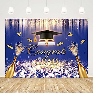 AIBIIN 7x5ft Congrats Grad Backdrop Blue Gold Glitter Graduation Party Decorations Class of 2023 Congratulate Graduation Prom Party Banner Photo Booth Props