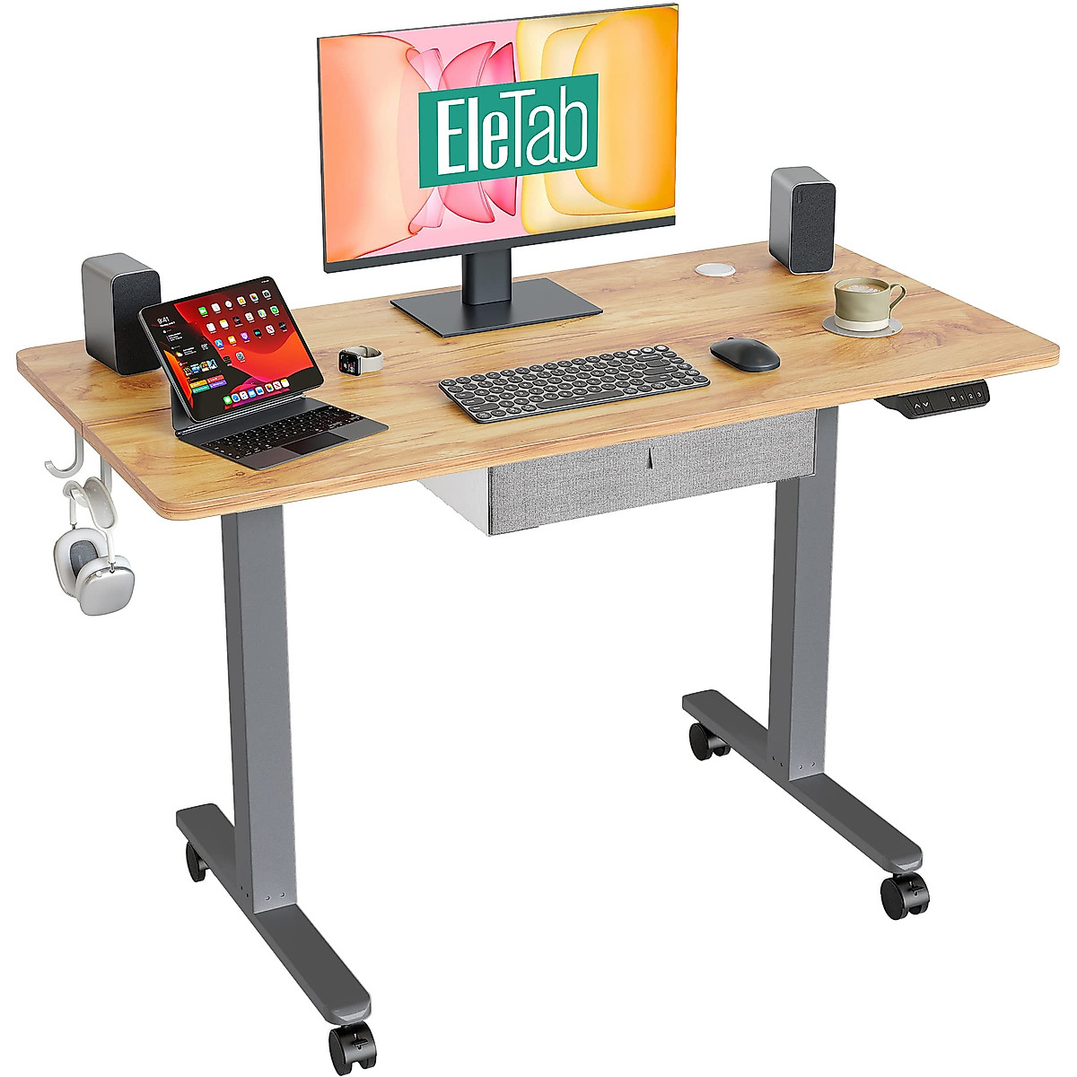 EleTab 55 x 24 Inch Electric Standing Desk with Drawer, Stand up Desk Adjustable Height for Home Office, Sit Stand Computer Desk, Ergonomic Workstation White Steel Frame/Light Rustic Brown Tabletop