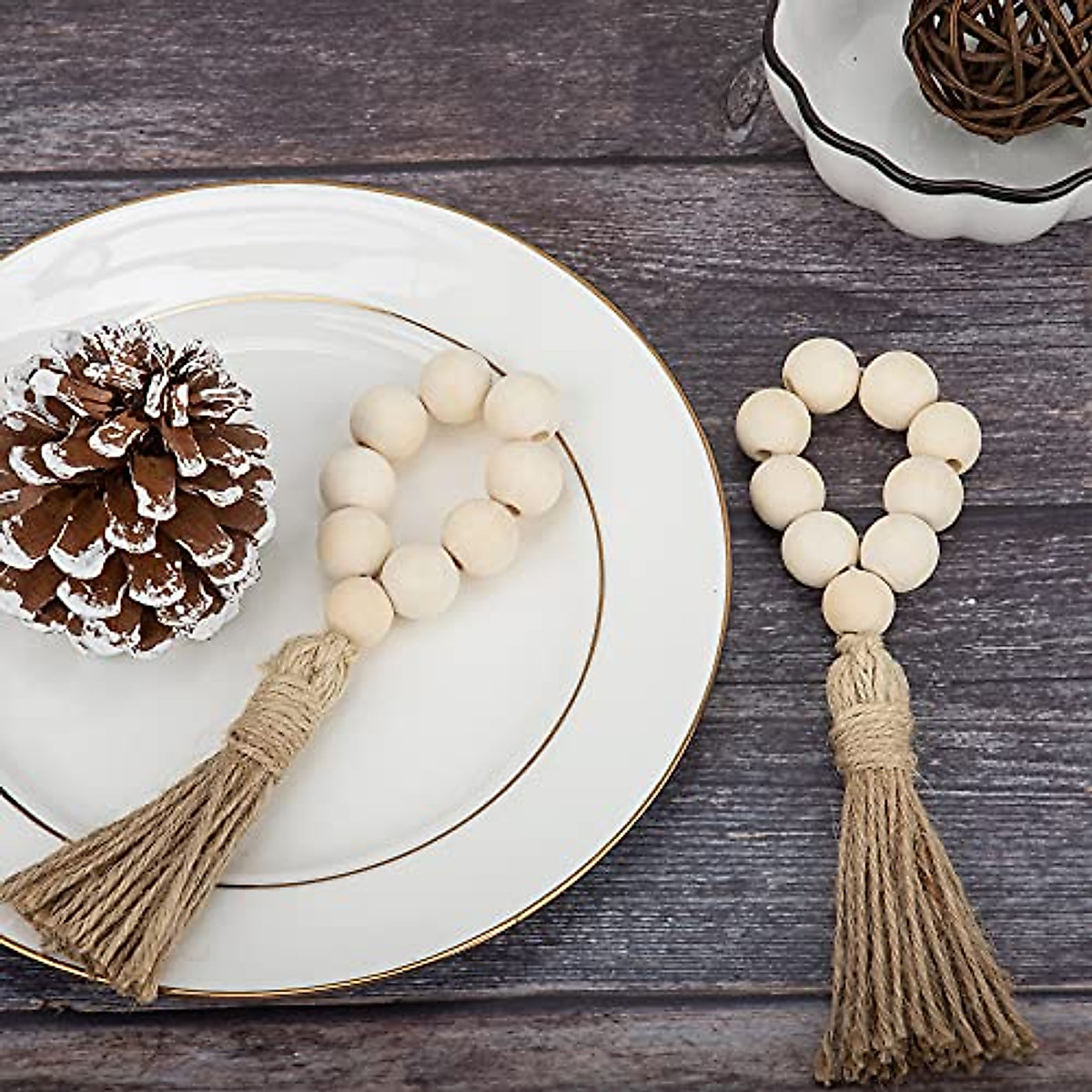 Wood Bead Napkin Rings Natural Wooden Beads Napkin Holders with Tassels Elastic Wooden Napkin Buckles for Christmas Farmhouse Wedding Home Table Decoration (6)