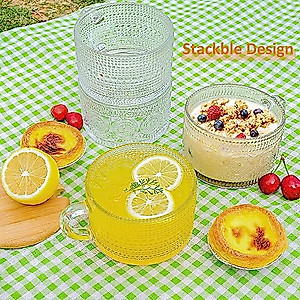 Qmioti Vintage Glass Coffee Mugs 4 Pack, 14 oz Glass Coffee Tea Cups with Lid and Golden Spoons, Clear Embossed Glass Cup Sets for Latte, Cereal, Cappuccino, Yogurt, Milk, Beverages and Cute Gifts