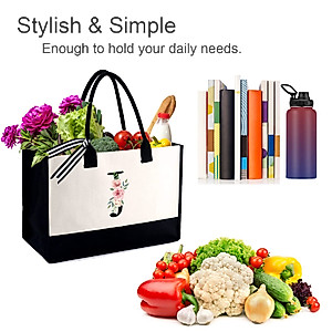 Initial Canvas Tote Bag.Large Canvas Tote Bag for Women.Personalized Birthday Gifts for Women Teacher Bridesmaid.Floral Monogram Tote Bag with Pocket & Initial Necklace. Black/White