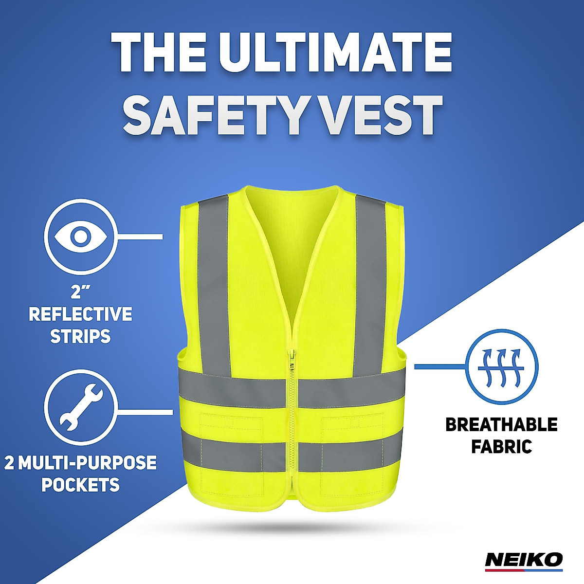 NEIKO Safety Vest, 2 Pockets, High Visibility Vest, Reflective Strips, Neon Yellow Vest, Zipper Front, Reflective Vest For Men & Women, Work Vest, Security Vest & Hi Vis (Large for Adults, 53962A)