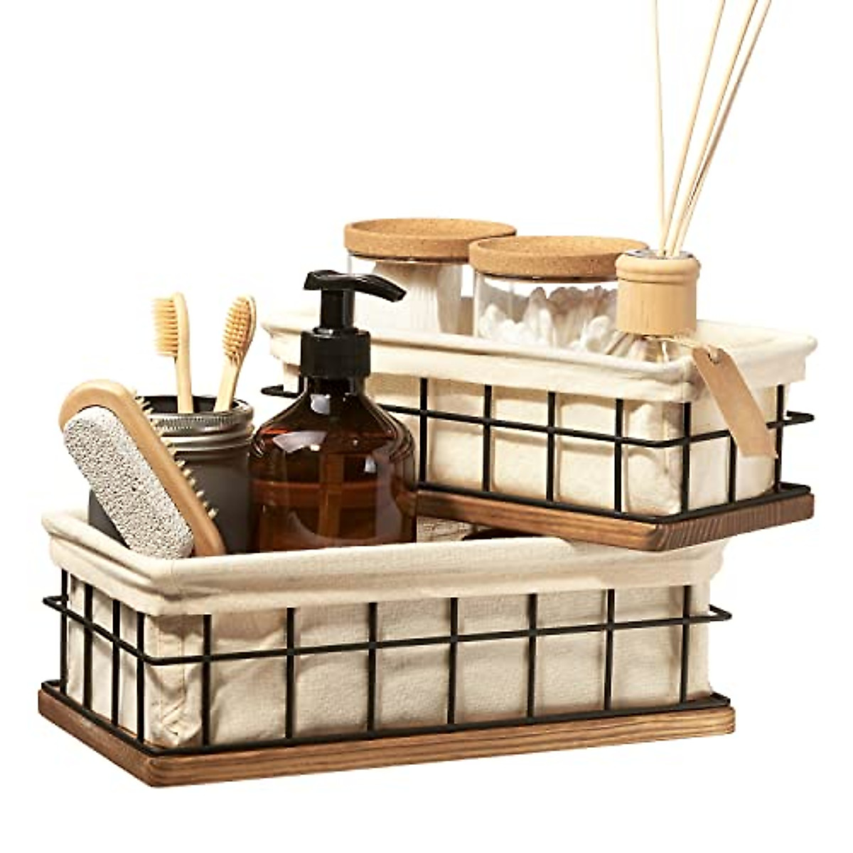 BAOBAB WORKSHOP Bundle - 2 Items: Wood and Wire Baskets with Floating Shelves for Bathroom Decor, Toilet Paper Storage, Living Room Bedroom and Kitchen