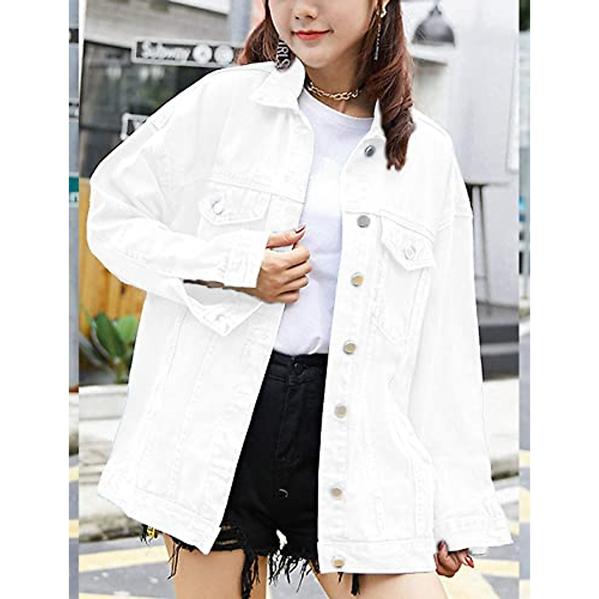 Omoone Women's Oversized Mid Long Denim Jacket Jean Biker Coat(0199-White-XL)