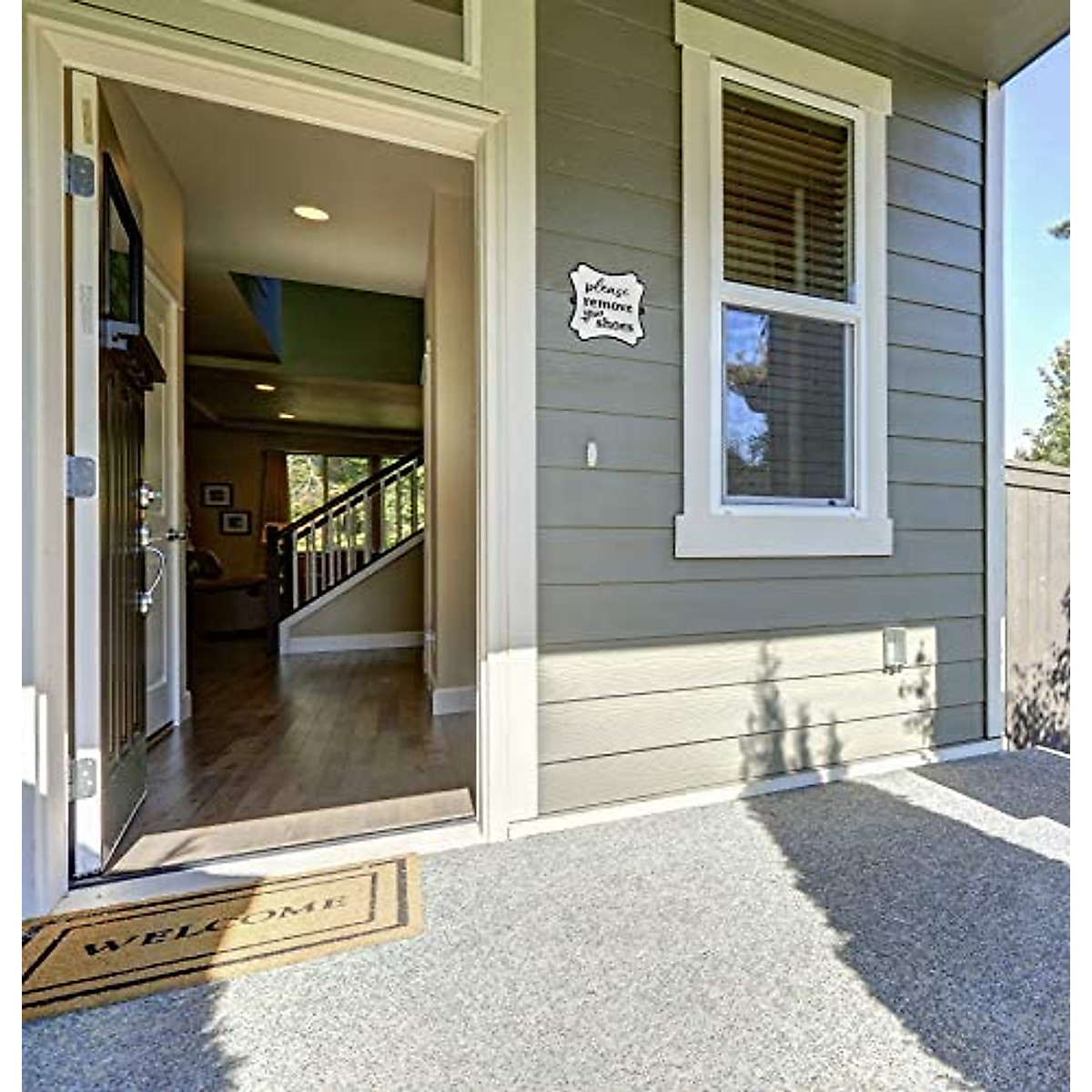 AuldHome Cast Iron Sign: Please Remove Your Shoes; Farmhouse Metal Plaque in Black and White 6.5 inches x 6.5 inches; Includes Mounting Hardware