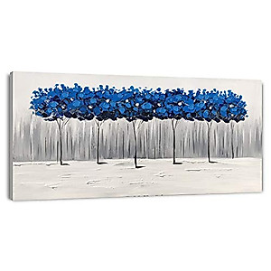 Yihui Arts Landscape Painting Abstract Tree Canvas Art Handpainted Indigo Blue Forest Pictures Artwork for Living Room Bedroom Wall Decor (20Wx40L)