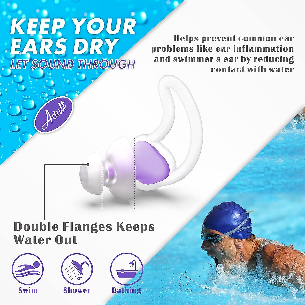 Hearprotek [2 Pairs] Swimmer Ear Plugs, Custom-fit Water Protection Adult Swimming earplugs for Swimmers Water Pool Shower Bathing and Other Water Sports (Purple)