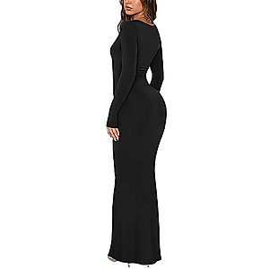 REORIA Women's Sexy Soft Lounge Ribbed Long Dress Fall Elegant Formal Wedding Guest Long Sleeve Deep V Neck Bodycon Maxi Dresses Black Small