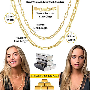 Beaux Bijoux Paperclip Chain Link Necklace Sterling Silver 14k Gold or Rhodium Plated 2.8 3.2mm or 5.5mm Width 16" 18" 20" 22" 24'' and 30 inch Chain Necklaces for Women, Metal, unavailable