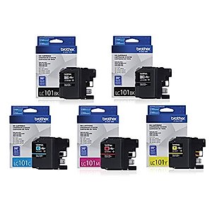 Genuine Brother LC101 (LC-101) Color (Bk/C/M/Y) Ink Cartridge 5-Pack (2xLC101BK, LC101C, LC101M, LC101Y) for Brother MFCJ470DW MFCJ475DW MFCJ650DW MFCJ870DW MFCJ875DW