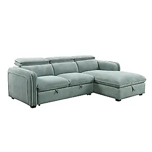 TXFTRR L Shaped Sleeper Sofa - Corduroy Couch Sectional with Pull Out Sleeper and Storage Chaise, Pull Out Bed Couch with Adjustable Headrest, Sleeper Sectional Sofa for Living Room, Light Green