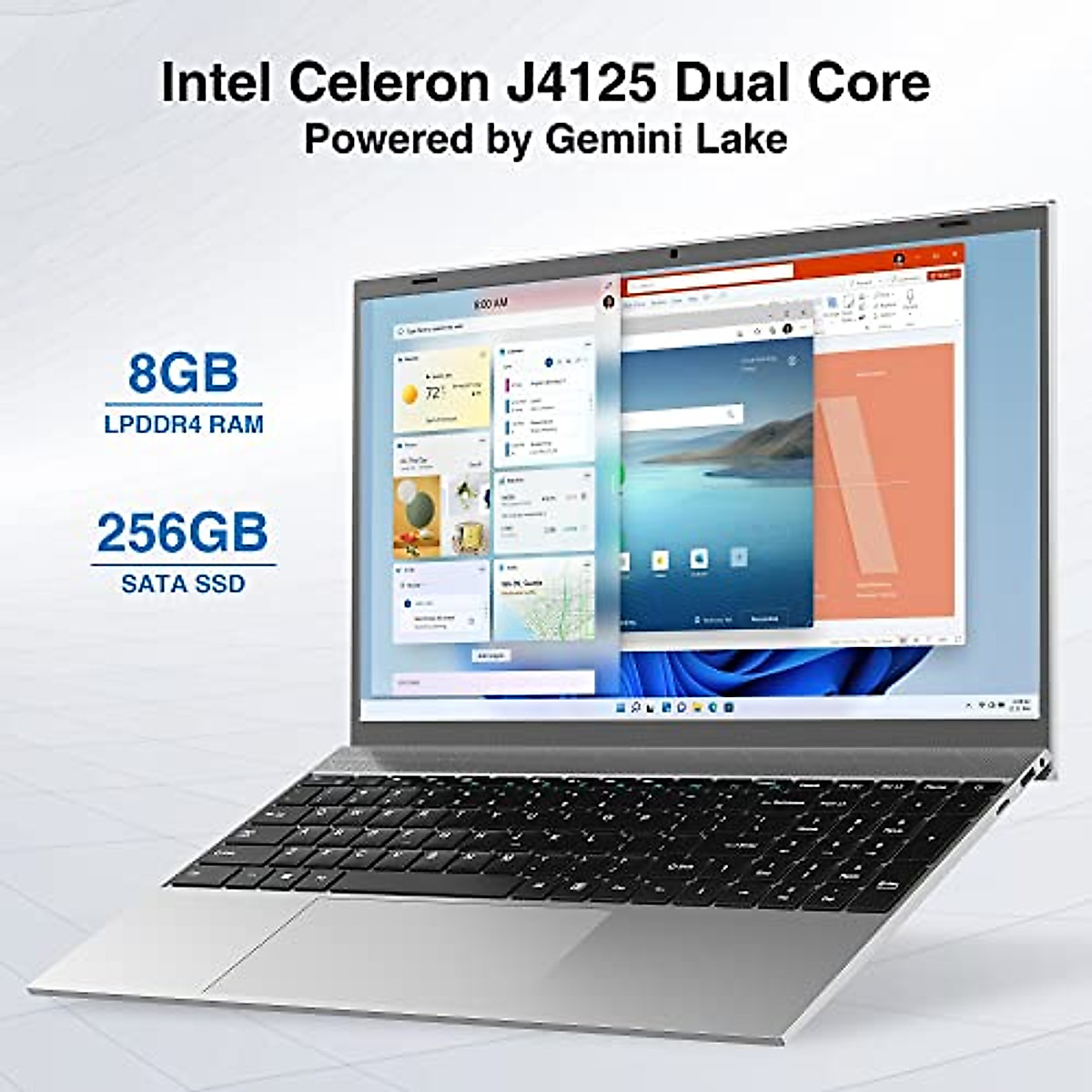 BiTECOOL Windows 11 Laptop, 15.6 inches Full HD IPS Display, Intel Celeron J4125 Quad Core, 8GB RAM and 256GB SSD Laptop Computer, 2.4/5G WiFi, BT4.2, Full Size Keyboard and Ultra Slim