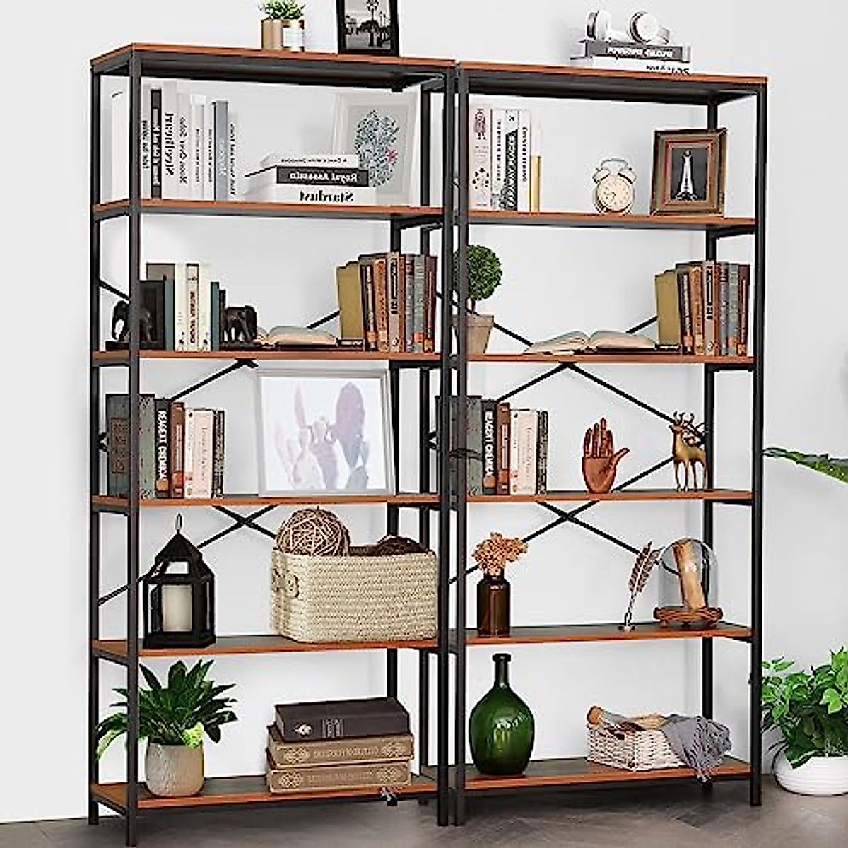 Devo Bookshelf, Industrial Book Shelf Large Storage Shelves, Display Shelf Tall Bookcase Metal Bookshelves, 6 Tier Bookcases Wood Heavy Duty Shelving Unit for Bedroom,Office and Living Room, Vintage