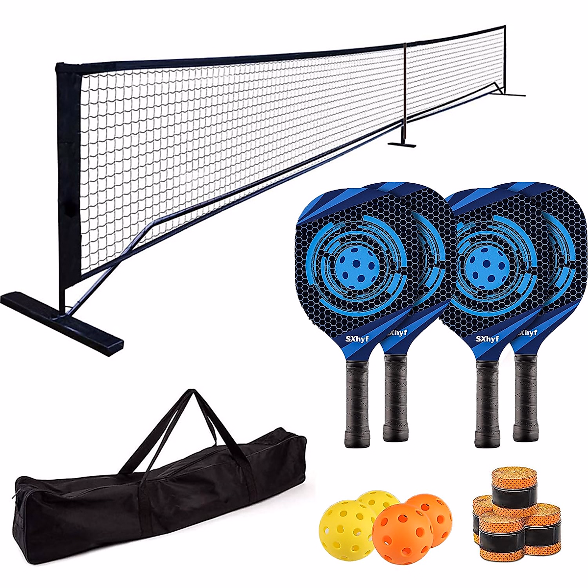 SXhyf Pickleball Set with Net Paddles of 4 Beginner Racquets Set, Fun Racquet Sport Include Wood & Balls 1 Carry Bag, Gifts for Men Women