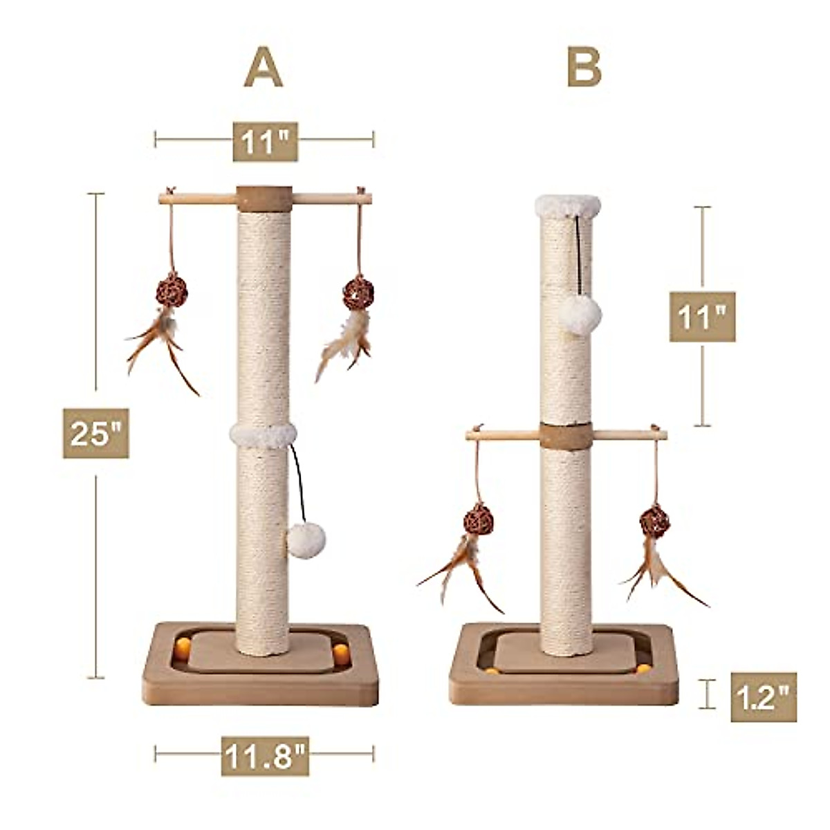 PEEKAB Cat Scratching Post Premium Sisal Toll Scratch Posts with Tracking Interactive Toys Vertical Scratcher for Indoor Cats and Kittens- 25 inches Beige