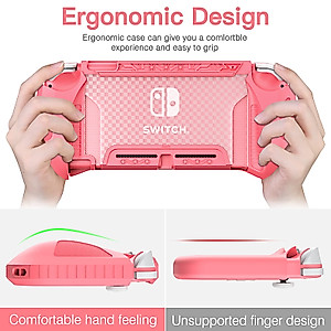 HEYSTOP Case Compatible with Nintendo Switch Lite, with Tempered Glass Screen Protector and 6 Thumb Grip, TPU Protective Cover for Switch Lite with Anti-Scratch/Anti-Dust (Pink)