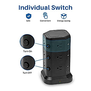 Power Strip Tower by KOOSLA, [15A 1500J] Surge Protector - 12 AC Multiple Outlets & 6 USB Ports, Flat Plug 14 AWG Heavy-Duty Extension Cord 6.5ft, Home Office Supplies, Dorm Room Essentials Black