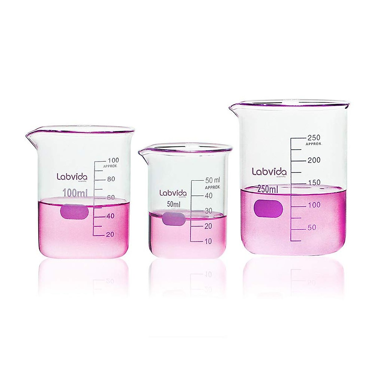 Labvida Upgrated 3 Size Low Form Beaker Set, 50ml 100ml 250ml, 3.3 Boro Glass Beakers with Printed Graduation, LVA017