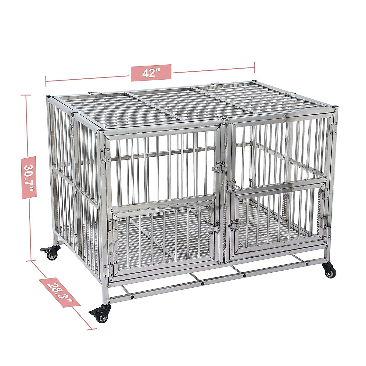 42" Heavy Duty Dog Crate Cage Kennel with Wheels, Full Stainless Steel High Anxiety Indestructible Dog Crate, Sturdy Locks Design, Double Door Small Door Design & Removable Tray Design (Silver)