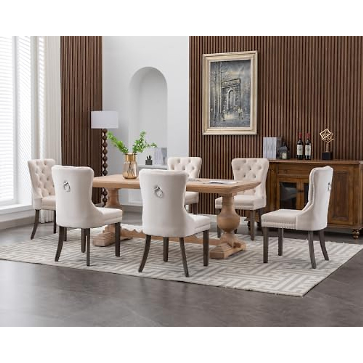 KCC Velvet Dining Chairs Set of 6, Upholstered High-end Tufted Dining Room Chair with Nailhead Back Ring Pull Trim Solid Wood Legs, Nikki Collection Modern Style for Kitchen, Beige