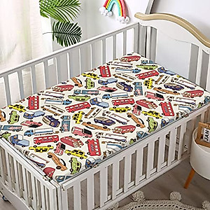 Cars Themed Fitted Crib Sheet,Standard Crib Mattress Fitted Sheet Toddler Bed Mattress Sheets-Crib Mattress Sheet or Toddler Bed Sheet, 28“ x52“,Multicolor
