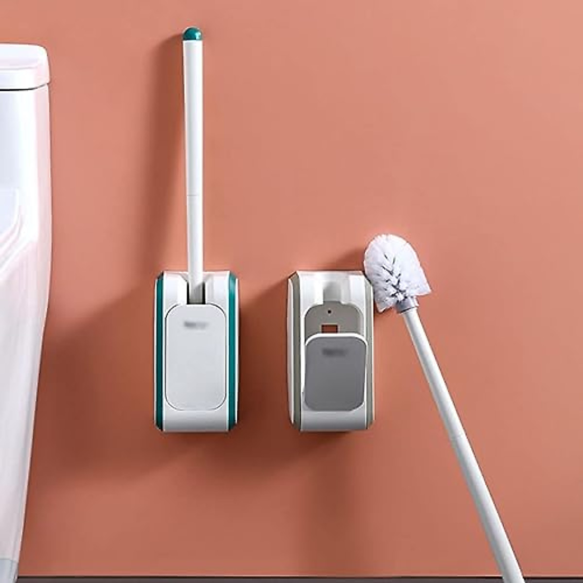 SAAKO Toilet Brush and Holder with Lid Set Plastic Wall Mount Toilet Cleaner Brush Compact Removable Toilet Bowl Brush