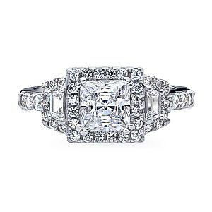 BERRICLE Sterling Silver Halo Wedding Engagement Rings Princess Cut Cubic Zirconia CZ 3-Stone Ring for Women, Rhodium Plated Size 6