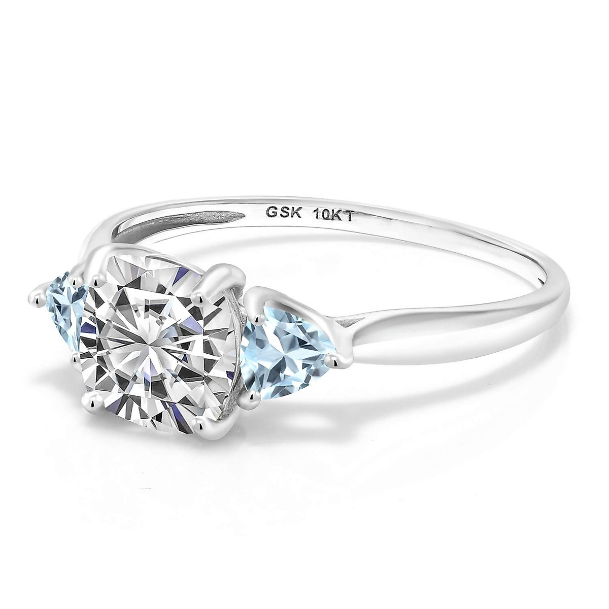 10K White Gold White Moissanite from Charles & Colvard and Sky Blue Aquamarine 3-Stone Engagement Ring For Women (2.11 Cttw, 7MM Cushion and 4MM Trillion, Available In Size 5, 6, 7, 8, 9)
