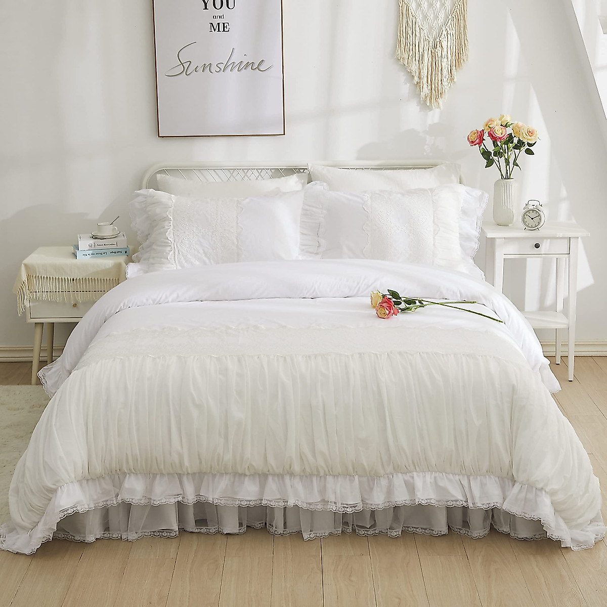Softta Lace Duvet Cover Set White Bedding 100% Cotton 600 TC Farmhouse 4pcs Bedding Set Soft Romantic Ruffle Boho Flouncing Princess Duvet Cover with Pillowsham and Bedskirt California King