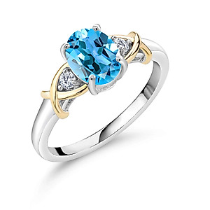 Gem Stone King 2 Tone 10K Yellow Gold and 925 Sterling Silver Swiss Blue Topaz and Lab Grown Diamond Ring For Women (1.58 Cttw, Gemstone Birthstone, Available In Size 5, 6, 7, 8, 9)