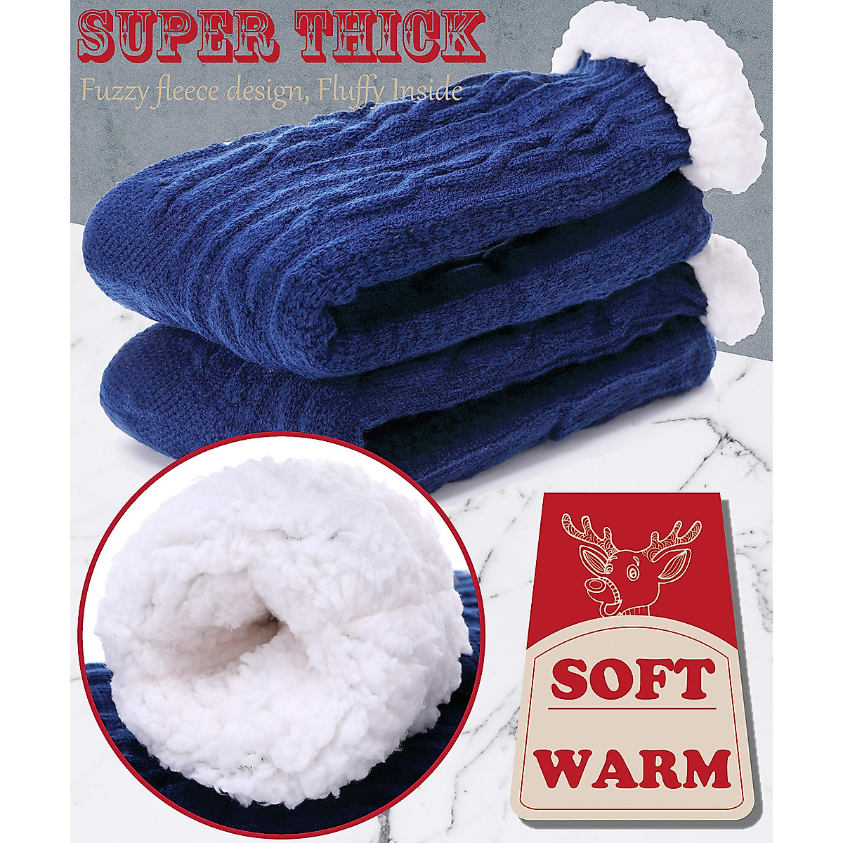 EBMORE Mens Slipper Fuzzy Socks Winter Cozy Fluffy Cabin Warm Fleece Soft Comfy Thick Non Slip Christmas Home Stocking Stuffer (Blue)