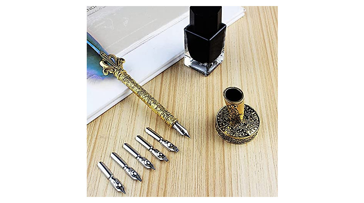 Elegant Feather Quill Pen and Ink Set for Calligraphy
