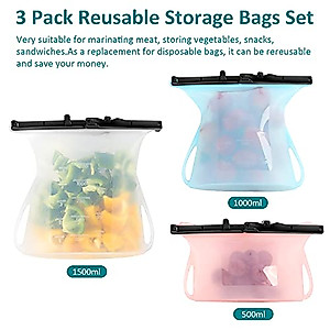 Silicone Reusable Food Storage Bags, AiKanbo 3 Pack Airtight Seal Food Preservation Bags, 100% Stand-Up,Airtight Seal and Leak Proof, Clear 51oz /Pink 17oz /Sky Blue 34oz