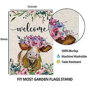 Spring Welcome Cow with Flowers Garden Flag for Outdoor Small Yard Flag for Outside Seasonal Decor for Summer Farmhouse Holiday 12x18 Inch Double Sided