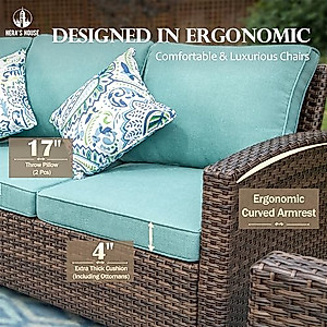 HERA'S HOUSE Patio Furniture Sets, Outdoor Wicker Furniture Set with 56" Fire Pit Table, 8 Pieces Sectional Conversation Sofa Set with Ottomans for Garden Poolside Backyard, Brown Rattan Blue Cushions