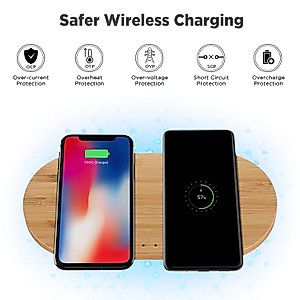 Veelink Bamboo Dual Wireless Charger, Double 10W Wireless Charging Pad Compatible iPhone SE 2020/11/Xs MAX/XR/XS/X/8/8, Samsung S20/S10/S9/S8/Note 20 (Adapter Included)