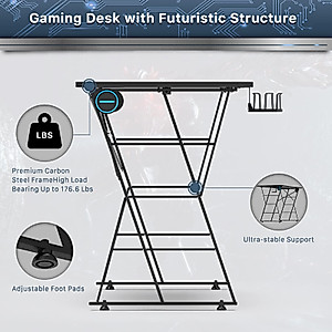 JOY worker Gaming Desk with LED Lights, 47 Inch Gamer Desk Carbon Fiber Desktop, Game Desk with Cup Holder, Home Office Gaming Room Workstation, Black