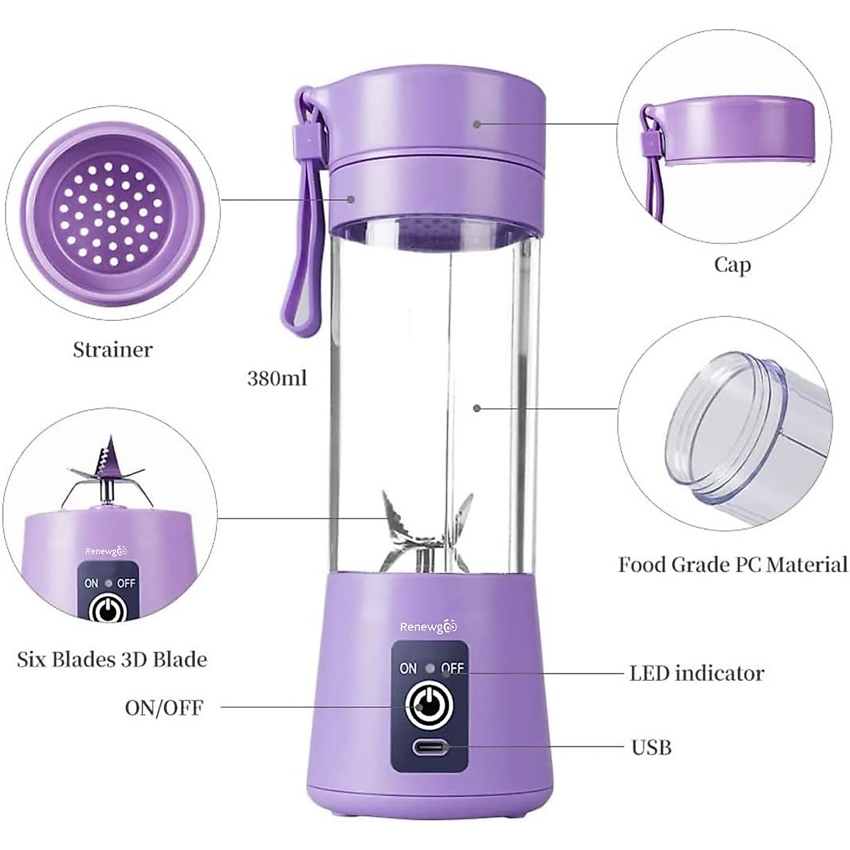 Renewgoo BlendMate Blender Portable Juicer Travel Bottle Portable Personal USB-C Mini Rechargeable Electric Smoothie Maker, Fruit & Veggie Blending To Go, Purple
