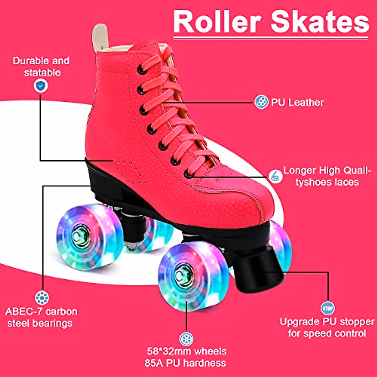PERZCARE Roller Skates for Women&Girls,Premium High-top Classic Double-Row Design Roller Skates Shoes 4 Shiny Wheels,PU Leather Roller Skates for Beginners Teens/Adult/Boys/Unisex Indoor/Outdoor