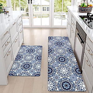 ASPMIZ Kitchen Mats Sets 2 Piece, Memory Foam Kitchen Rugs and Mats Non Slip Washable, Farmhouse Anti Fatigue Kitchen Mat and Runner Set, Blue Cushioned Floor Comfort Mat, 17'' x 47'' + 17'' x 30''