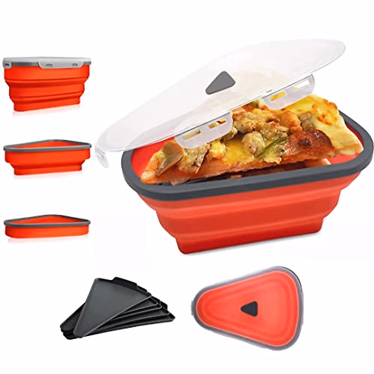 Extendable Pizza Slice Container Reusable Storage with 5 Microwavable Serving Trays BPA Free, Microwave & Dishwasher Safe Leftover to Organize Save Space, Red, Medium