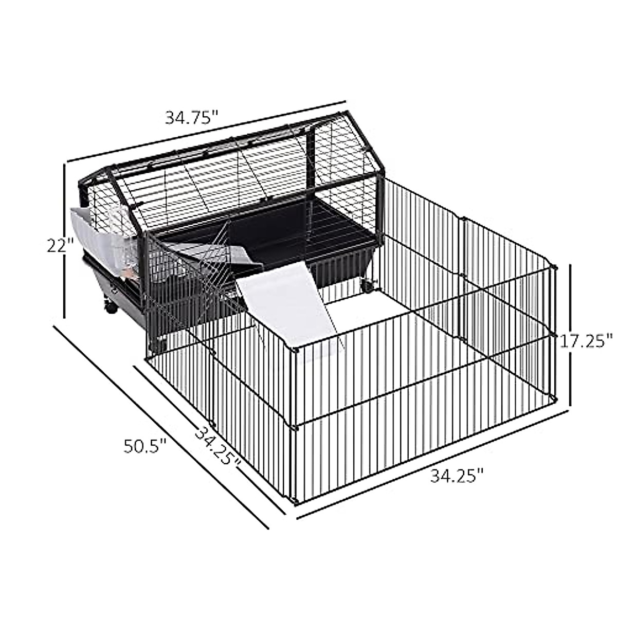 PawHut 2-Level Rolling Small Animal Playpen & Cage, Foldable Small Rabbit Fence, Guinea Pig House, Hedgehog Cage, Water Bottle, Water Bowl, Pet Exercise Pen, 35" L