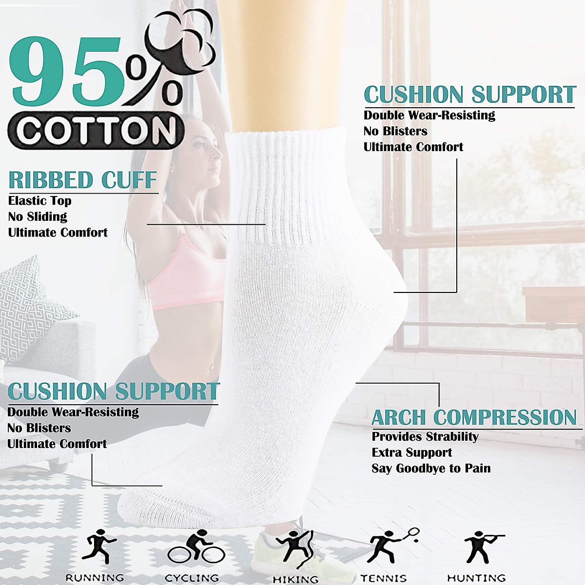 NevEND 6 Pairs Women's & Men's Mini Crew/Ankle Cotton Athletic Socks with Thick Cushioned M White