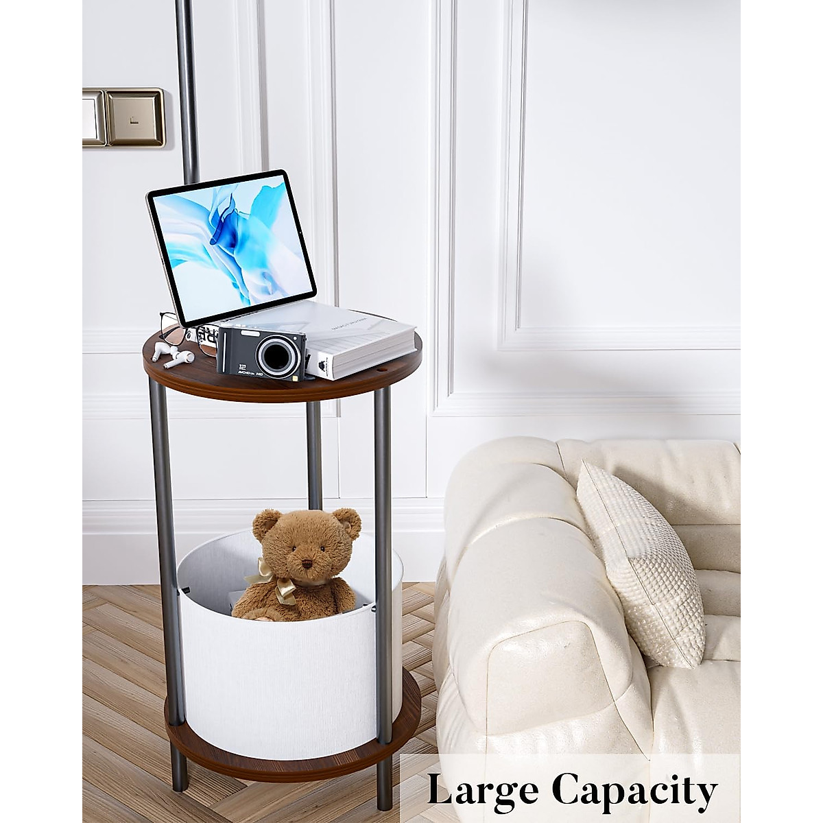 Lightdot 57IN Floor Lamp with Shelves, Mid Century Modern Standing Lamps with Bulb and Storage Bag Included, Black Pole End Table with Linen Lampshade for Living Room, Bedroom, Office-F