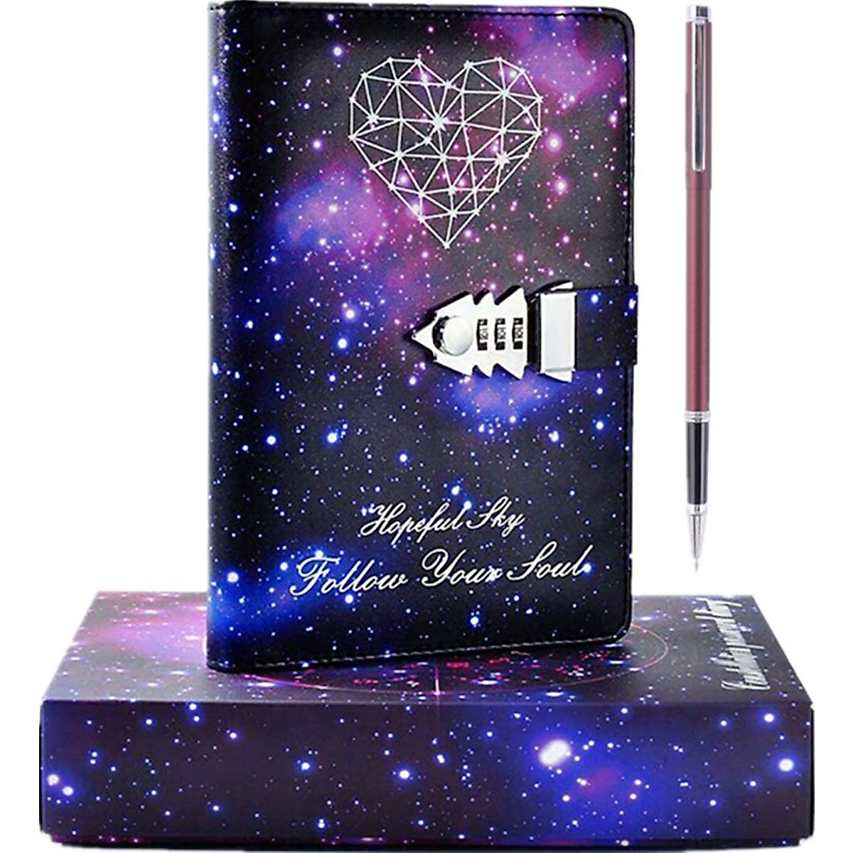 A5 PU Leather Diary with Lock Digital Password Notebook Locking Journal Writing Notebook with a Pen for Women and Girls Heart Shaped Stationery ,Purple