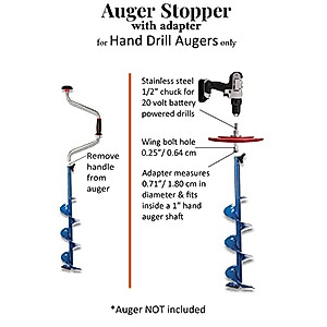 Ice Fishing Auger Stopper with Drill Bit Adapter (9"disc, fits up to 8" auger blades) for Cordless 20volt Lithium Battery Drills - Prevent Auger Blade from Slipping Beneath The Ice.