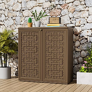KINYING Outdoor Storage Cabinet Waterproof, Resin 60 Gallon Deck Box for Patio Furniture Cushions, Garden Tools, Pool Tools and Kids’ Toys (Dark Brown with 1 Shelving)