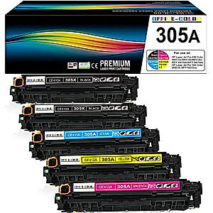 HP 305A Black, Cyan, Magenta, Yellow Toner Cartridges (5-Pack) Works with Laserjet Pro 300 M351, Laserjet Pro 300 MFP M375, Laserjet Pro 400 M451, Laserjet Pro 400 MFP M475