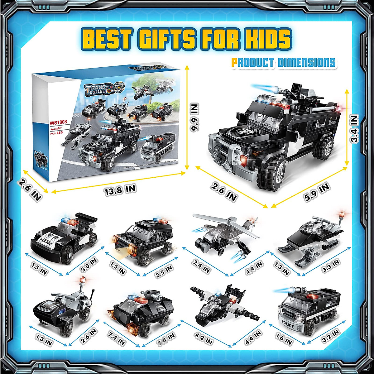 INRATELL City Police SWAT Building Block Set - 8 + 1 Black Armored SWAT Vehicles with Cop Cars, Helicopter, Motorbike, Best Roleplay STEM Toy Best Gift for Boys Kids Age 6-12